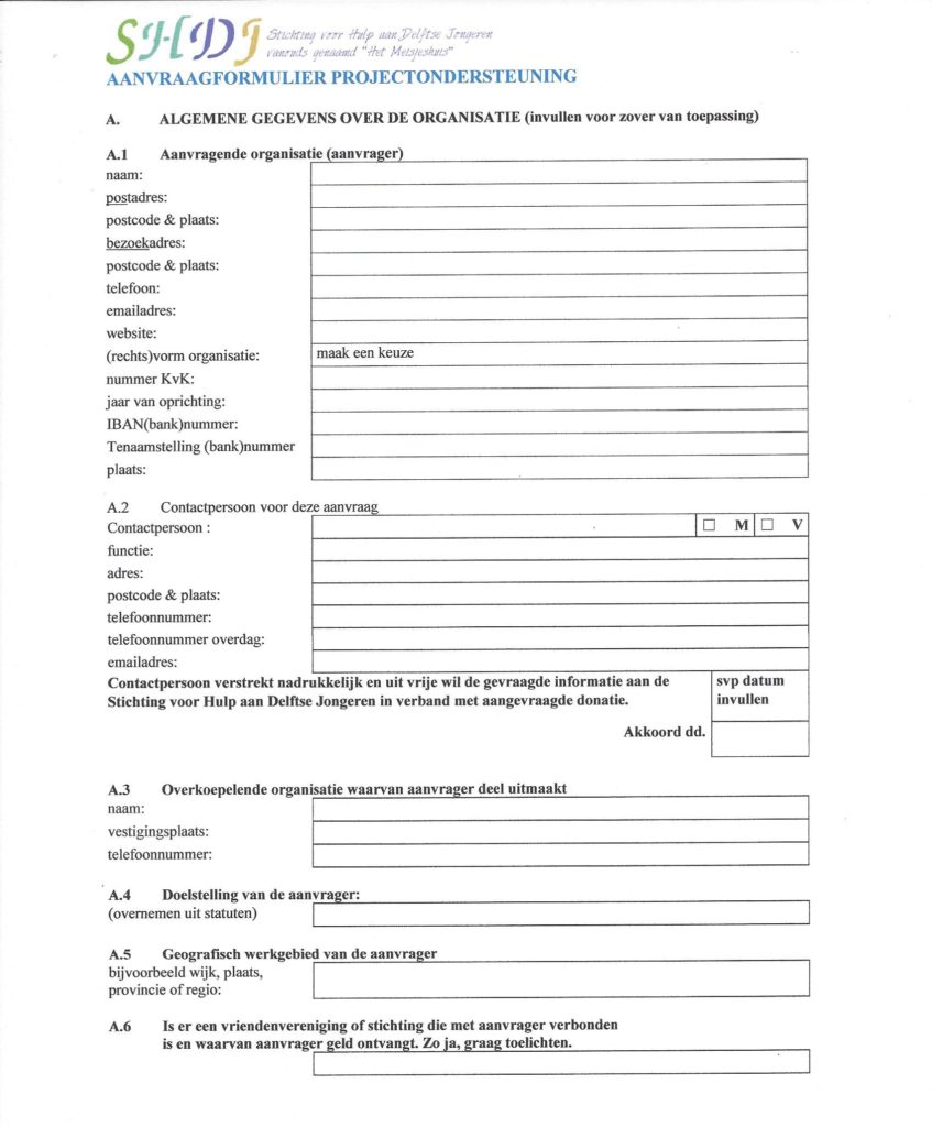 Aanvraag - Stichting voor Hulp aan Delftse Jongeren